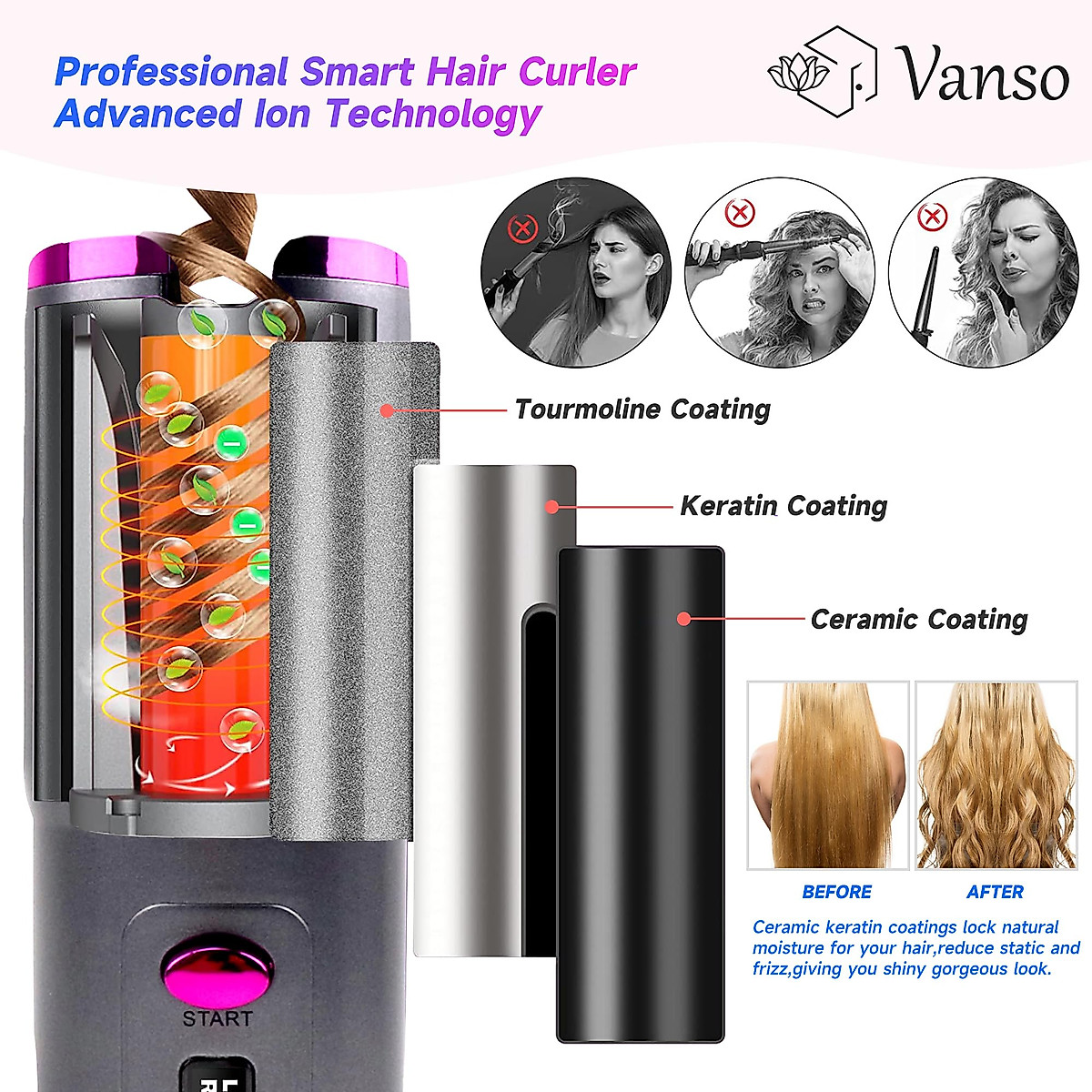 vanso Cordless Automatic Curling Iron,Ceramic Auto Hair Curler with LCD Display 6 Temps & Timers,Portable USB Rechargeable Curling Iron Wand,Detangle & Scald-Free,Fast Heating for Hair Styling