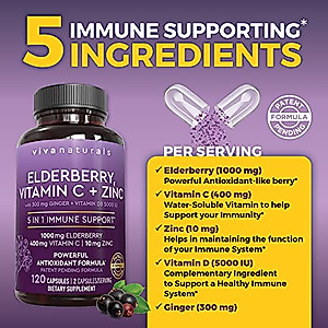 Viva Naturals Sambucus Elderberry with Zinc and Vitamin C for Adults, Vitamin D3 5000 IU and Ginger - Immune Support Supplement, 2 Months’ Supply - Black Dried Elderberry Capsules for Adults