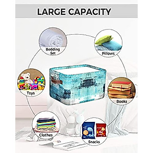 Qumstemily Turquoise Teal Storage Bins for Shelves, Grey Abstract Art Painting Collapsible Storage Box Basket with Handle, Modern Geometric Teal Canvas Hamper Closet Organizers Storage Cubes - 1 Pack