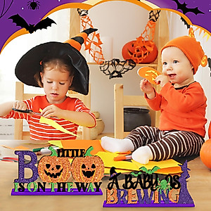 Threehoney 6 Pcs a Baby is Brewing Halloween Table Centerpiece Wooden Pumpkin Table Centerpiece Black Purple Witch Block Sign Halloween Baby Shower Decorations for Dinner Gender Reveal Party