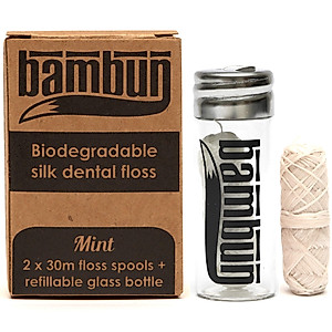Eco-Friendly Biodegradable Natural Silk Dental Floss: Refillable Glass Bottle with Two 30m Floss Spools (Plastic Free Packaging)