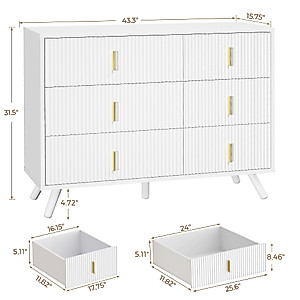 BEWISHOME White Dresser for Bedroom, 6 Drawer Dresser Chests of Drawers with Waveform Fluted Panel, White and Gold Dresser, Modern Wide Dresser Wood dresser for Closet, TV Stand, Hallway, White KCG03W