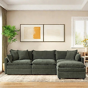 ChicFurnit Couch, L-Shaped Sectional Sofa, Luxury Chenille Fabric Sofa Couch with Foam Cushions, Comfy Upholstered Modular Sofa with Ottoman for Living Room, Apartment & Office, Green