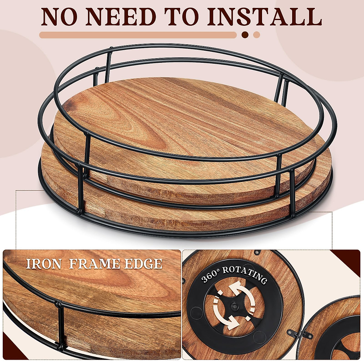 Geetery 4 Pack 11 Inch 12 Inch Wood Lazy Susan Organizer for Cabinet 360 Degree Kitchen Countertop Turntable Organizer with Steel Edges Lazy Susan Turntable Storage for Table Spices Pantry Fridge