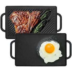 GasSaf Cast Iron Double Sided Griddle Stove Top Indoor Cooking, Reversible Grill Pan for Gas Grill Top Outdoor Camping, 13 x 8.25 Stovetop Griddle Pan, Double Burner Gas Stove Grill Flat Griddle Pan