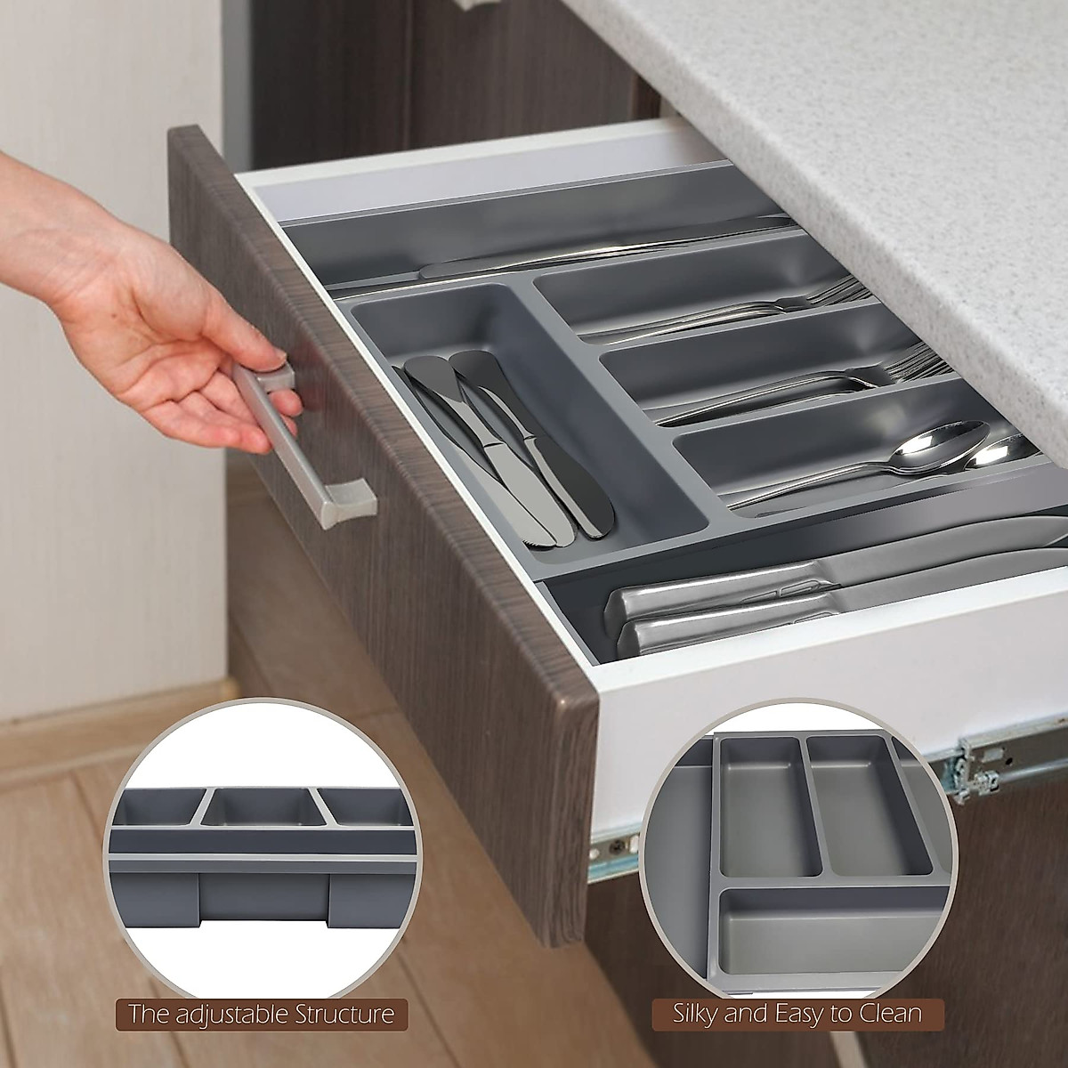 KAKUNM Adjustable Silverware Organizer | Cutlery Utensil Organizer Silverware Tray for Drawer Apartment Essentials, Convenient Flatware Kitchen Organization and Storage for Spoon Knife, Gray