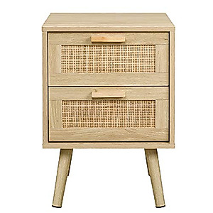 Finnhomy Nightstand, End Table, Side Table with 2 Hand Made Rattan Decorated Drawers, Nightstands Set of 2, Wood Accent Table with Storage for Bedroom, Natural, 2 Pack