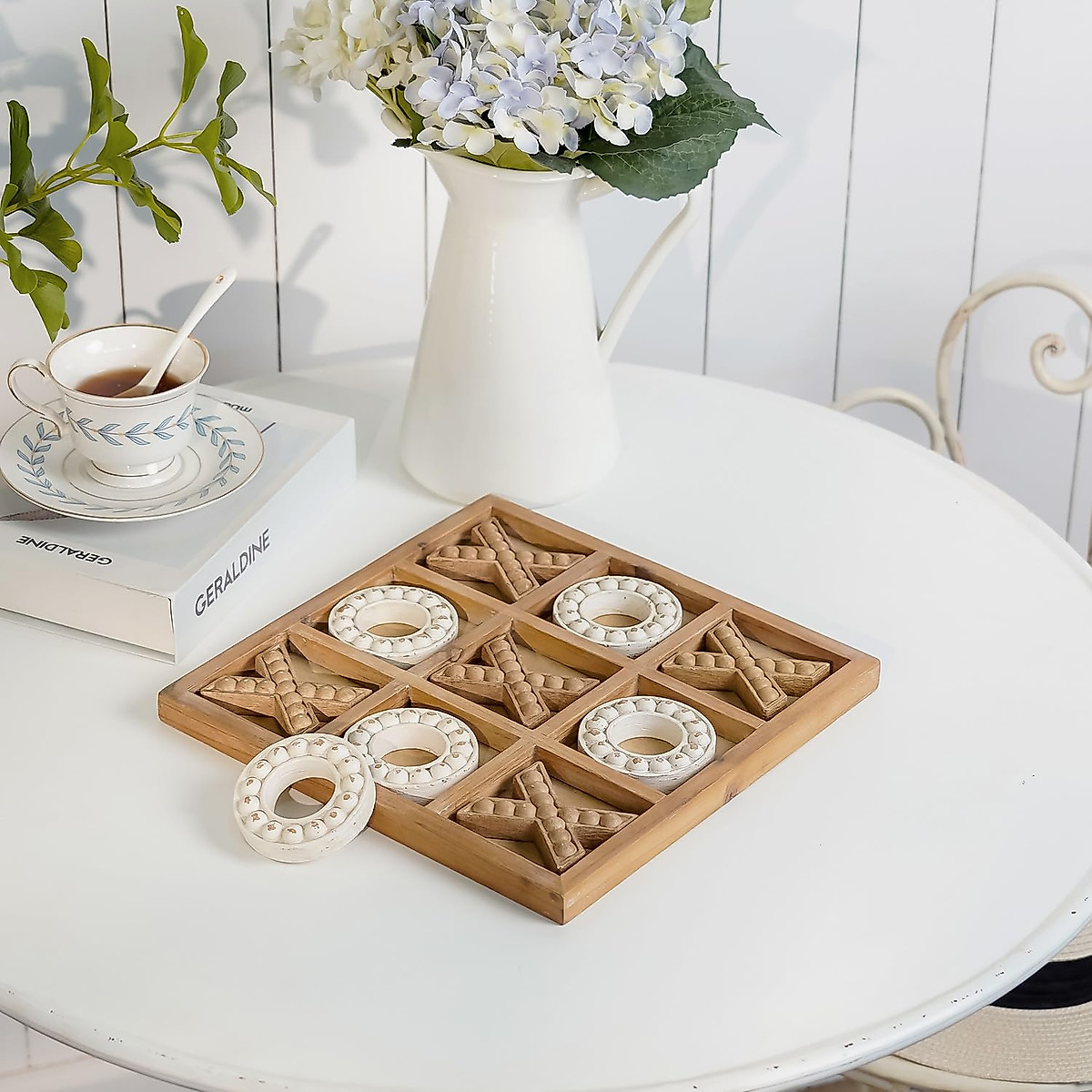 NIKKY HOME Tic Tac Toe Game Coffee Table Decor, 10.6 Inch Rustic Wooden Board, Wood & White