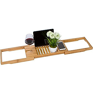 Trademark Innovations Adjustable Bamboo Tub Organizer Tray Bath Caddy, 28", Tan