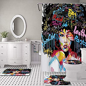 Black is Beautiful Shower Curtain Sets with Non-Slip Rugs, Toilet Lid Cover and Bath Mat Abstract Portrait Afro Shower Curtains with 12 Hooks Durable Waterproof Bath Curtain