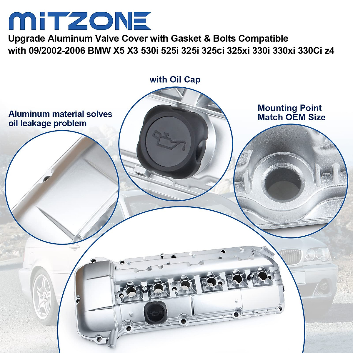 MITZONE Upgrade Aluminum Valve Cover kit Compatible with 2002-2006 BMW X5 X3 530i 525i 325i 325ci 325xi 330i 330xi 330Ci z4 Replace 11127512839