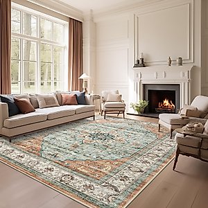 Soalmost Area Rug 8x10 Rugs for Living Room 8 x 10 Vintage Washable Rugs Low Pile Non-Slip Living Room Rugs for Bedroom Dining Room Indoor Floral Thin Rugs Orange Grey