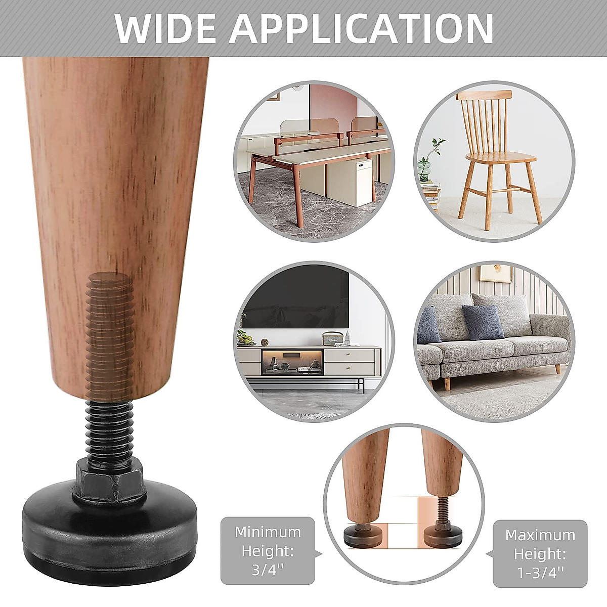 Heavy Duty Leg Levelers 3/8''-16 Thread, 12 Pcs Adjustable Leveling Feet Furniture Levelers Screw on with Threaded Inserts for Tables Chairs Cabinets Sofa, Support 3960LBs- Large Base, Black