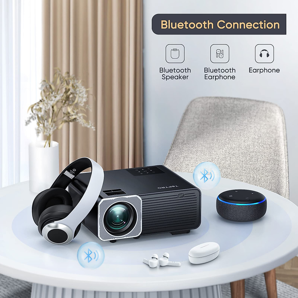 5G WiFi Bluetooth Projector, TOPTRO TR22 Outdoor Projector 4K Supported, 480 ANSI Lumen, Smart Touch Keys, 4D/4P Keystone Correction, Full Sealed Optical Movie Projector Compatible with iOS/Android