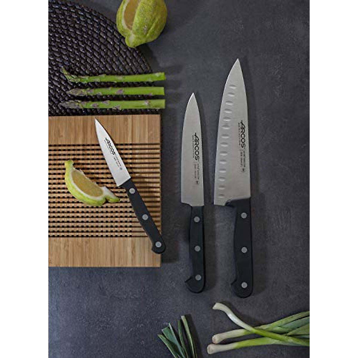 ARCOS Knife Set 3 pieces - Nitrum Stainless Steel and mm blade. Professional Kitchen Knife for Cooking. 590 gr. Ergonomic Polyoxymethylene POM Handle. Series Universal. Greater control. Color Black.