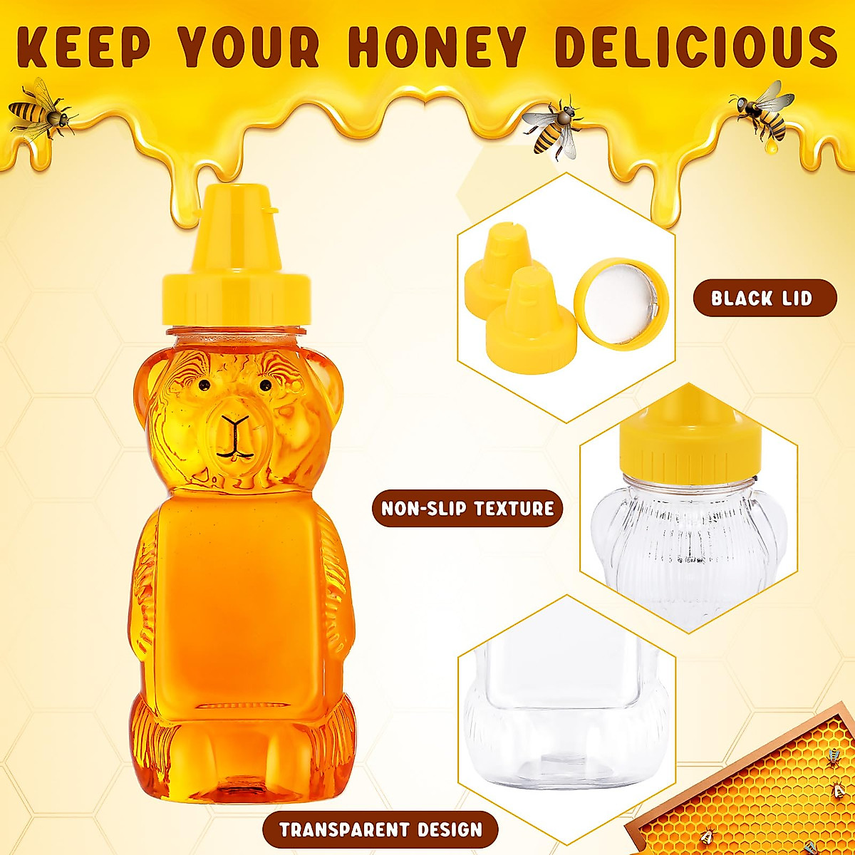Hushee 72 Pcs 8 oz Plastic Honey Bear Bottle Empty Honey Squeeze Bottle with Spill Proof and Leak Resistant Lid Bear Juice Bottle Drinking Cup for Baby Shower Gifts, Beekeeping, Honey Dispensing