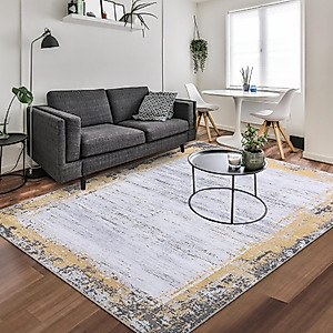 MilleLoom Large Rug 9x12 Washable Rugs Solid Livingroom Rugs Bordered Rugs Modern Geometric Neutral Rug, Stain-Resistant Non-Slip Rugs for Living Room Farmhouse Soft Foldable Area Rug 9x12,Yellow