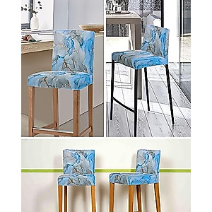 Bar Stool Covers Set of 6 Stretch Chair Covers Washable Removable Chair Slipcover Reusable Armless Dining Room Chair Covers for Kitchen Short Back Chair,Watercolor Marble Gold Edge Texture Blue Gray