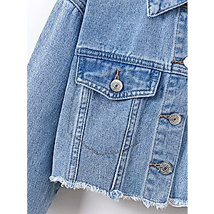 Verdusa Girl's Raw Hem Long Sleeve Single Breasted Crop Denim Jacket Outerwear Light Blue 9Y