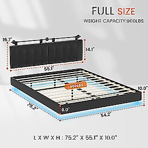 Hasuit Full Floating Bed Frame with Led Light, Modern Inspired Full Size Platform Bed, Vegan Leather Upholstered Wall Mounted Headboard, No Box Spring Needed, Noise Free, Easy Assembly