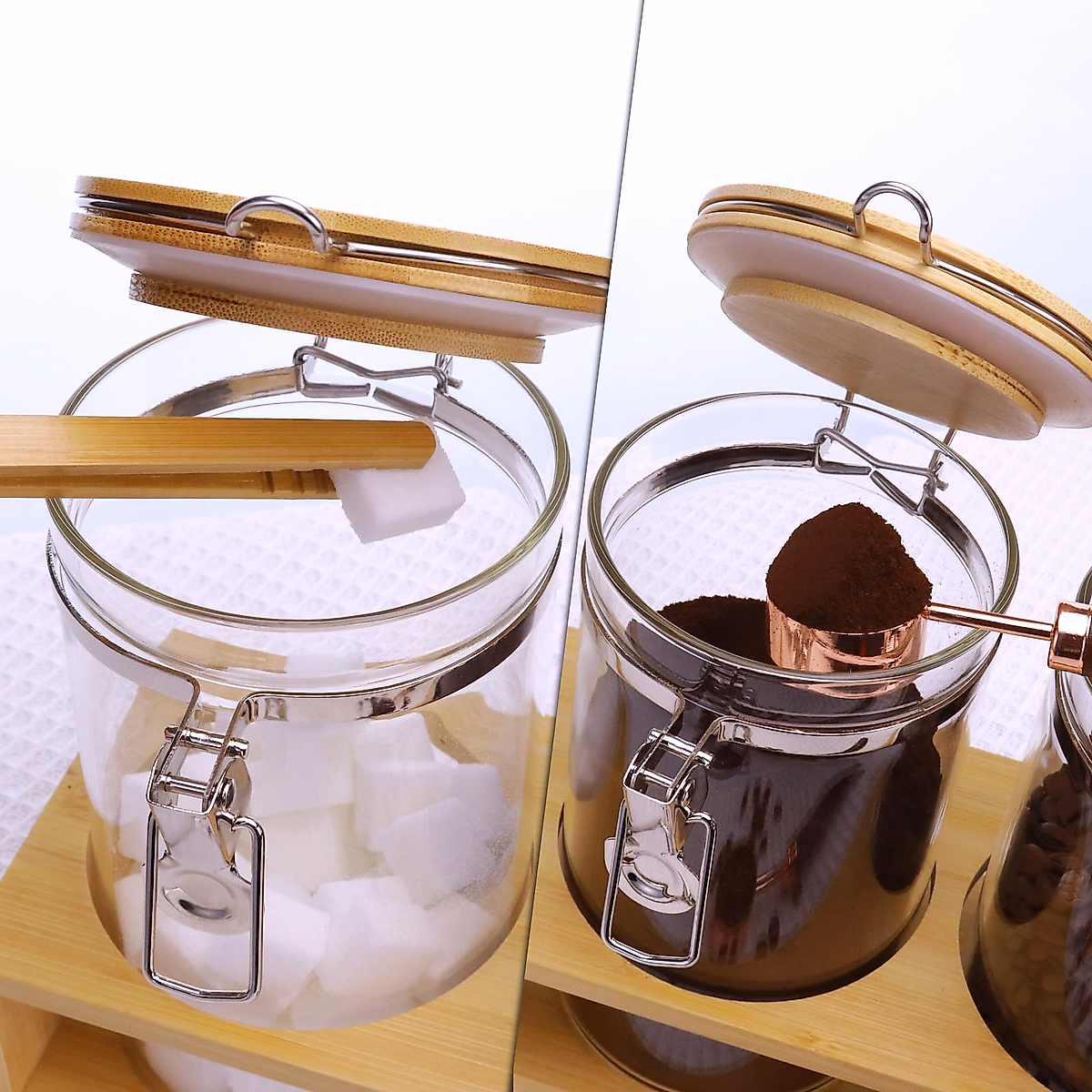 Matifaner Glass Coffee Storage Containers with Bamboo Shelf,Ground Coffee Holder Jars,Airtight Glass Countertop Storage Jar Canisters with Spoon for Coffee,Loose Tea,40 Fluid-oz,Pack of 3