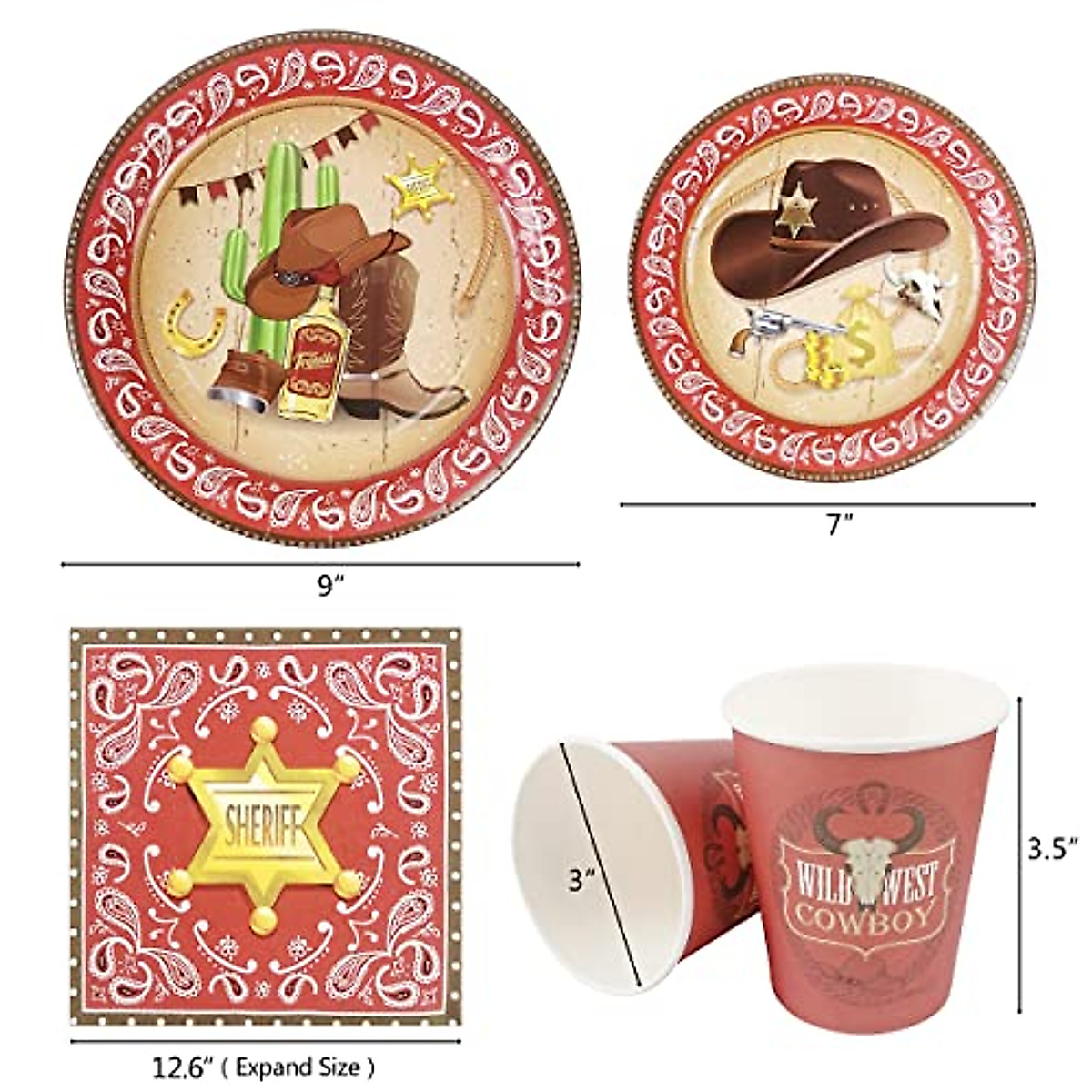 CIEOVO Rodeo Western Cowboy Party Supplies - Serves 16 Guest Includes Dinner Paper Plates, Cups and Napkins Perfect for Western Cowboy Theme Birthday Baby Shower Parties Decoration