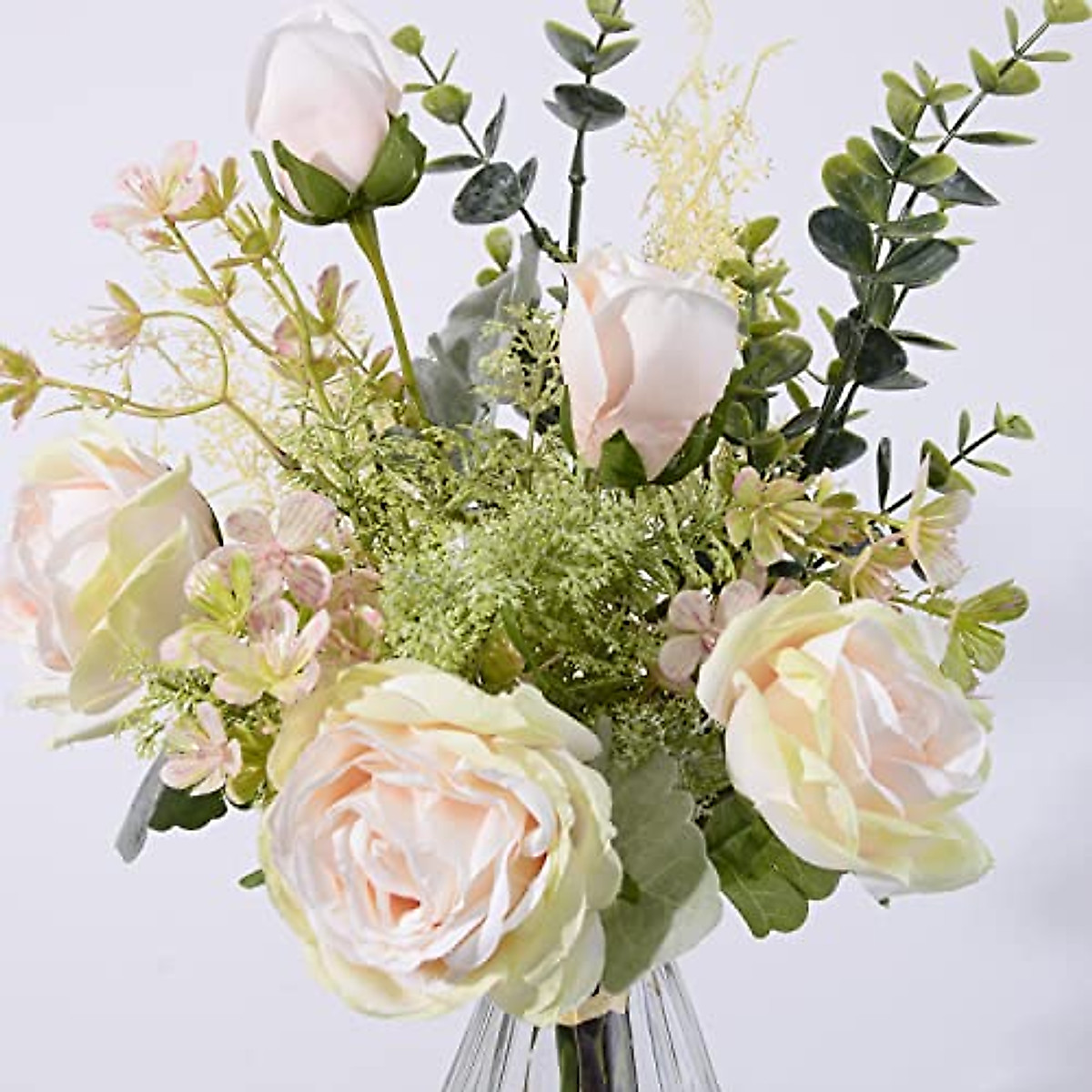 PERFNIQUE Faux Flowers with Vase, Artificial Silk Roses in Vase, Fake Eucalyptus Plant Bouquet, Floral Arrangements for Living Room, Dining Table Centerpiece, Coffee Table Decor (Peach Pink)