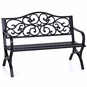MFSTUDIO 50 Inches Outdoor Garden Bench,Cast Iron Metal Frame Patio Park Bench with Floral Pattern Backrest,Arch Legs for Porch,Lawn,Garden,Yard（Black）