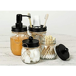 Mason Jar Bathroom Accessories Set - Lotion Soap Dispenser, 2 Apothecary Jars, Toothbrush Holder, Rustic Farmhouse Decor Apothecary Jars Bathroom Countertop Vanity Organizer (Black)