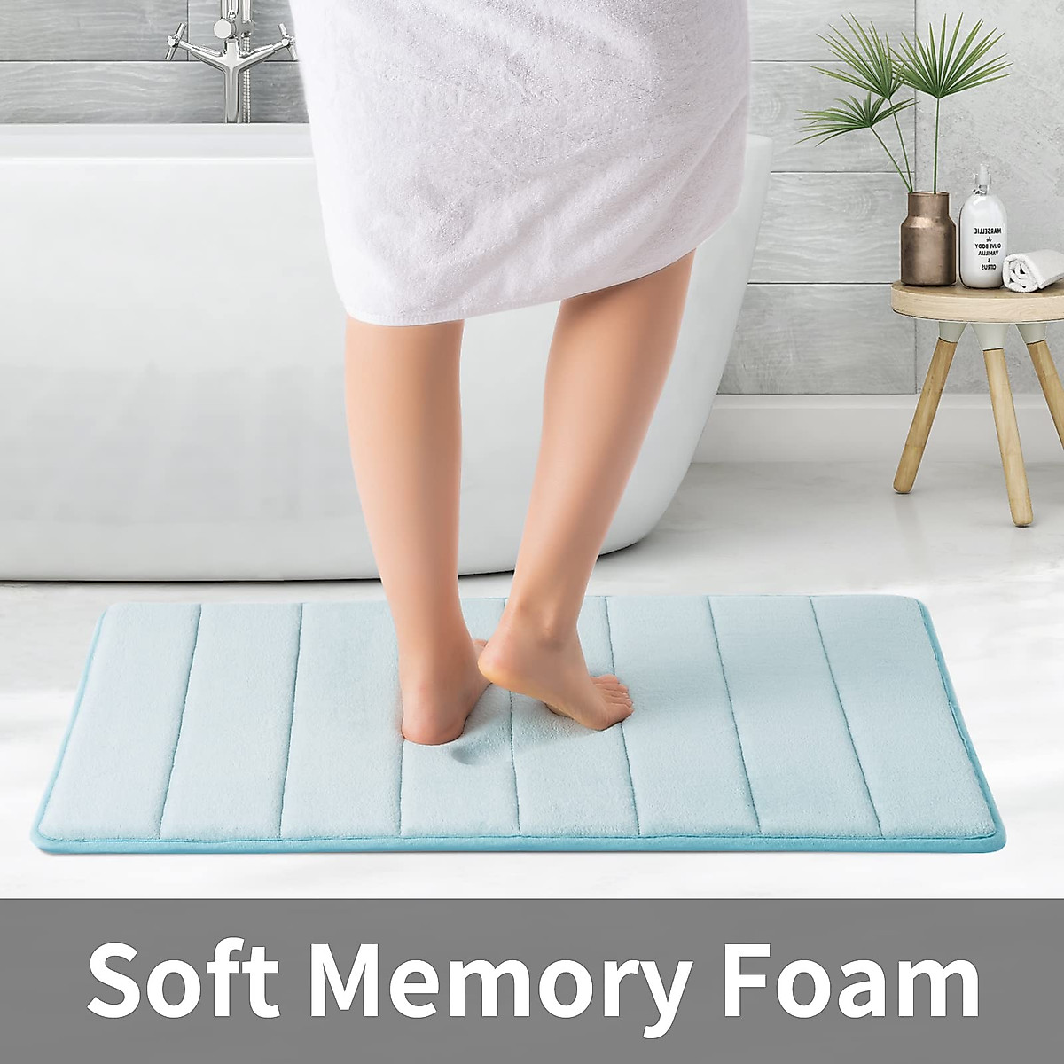 ROSMARUS Memory Foam Bath Mat 20” x 32”, Water Absorbent Shower Mat, Thick Bath Rugs for Bathroom Non Slip with PVC Backing, Ultra Soft Bathroom Rugs for Bathroom Floor & Tub, Aqua Blue