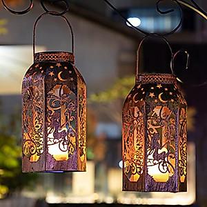 Solar Lanterns, Outdoor Garden Hanging Metal Bronze Star Moon Fairy Lanterns, Set of 1,9.3 Inch Waterproof Flickering Flameless Candle Mission Lights for Patio,Table,Pathway,Balcony,Party Decorative