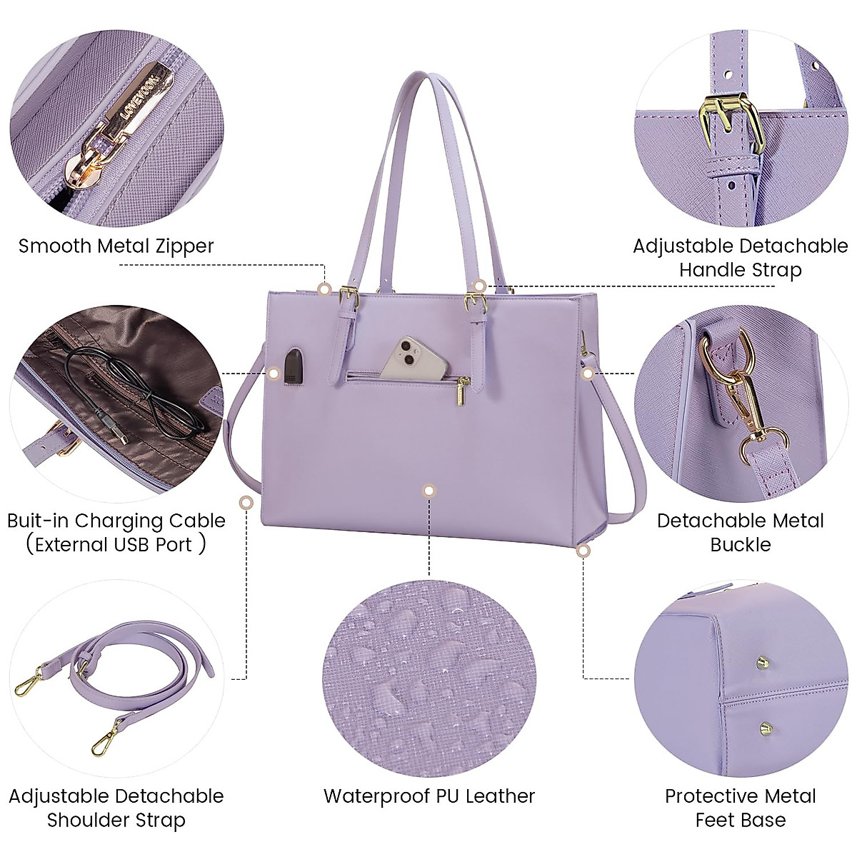 LOVEVOOK Laptop Bag for Women, Fashion Works Computer Tote Bag, 15.6-Inch Large Capacity Shoulder Bag Set with Clutch Purse, Professional Business Briefcase for Office Lady, 2PCs, Light Purple