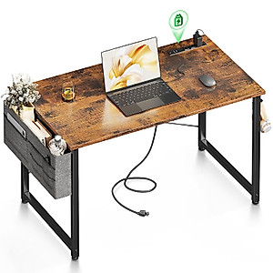 Casaottima 40 inch Computer Desk, Modern Simple Style Desk for Home Office, Study Student Writing Desk with Charging Station Outlets Built in, Rustic