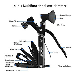 Multi-tool Axe Hammer, Upgraded 14 in 1 Portable Hatchet Tool with Sheath, Camping Survival Gear Kit Birthday Gifts Christmas Stocking Stuffers for Dad Father Grandpa Husband Son Boyfriend Him