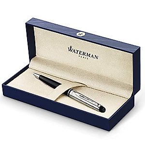 Waterman Expert Deluxe Ballpoint Pen, Gloss Black with Chrome Trim, Medium Point with Blue Ink Cartridge, Gift Box