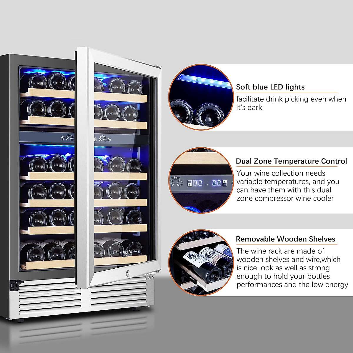BODEGA Upgraded 24 Inch Wine Cooler Refrigerator 46 Bottle Dual Zone Wine Fridge with Double-Layer Tempered Glass Door and Temperature Memory Function,Built-in or Freestanding