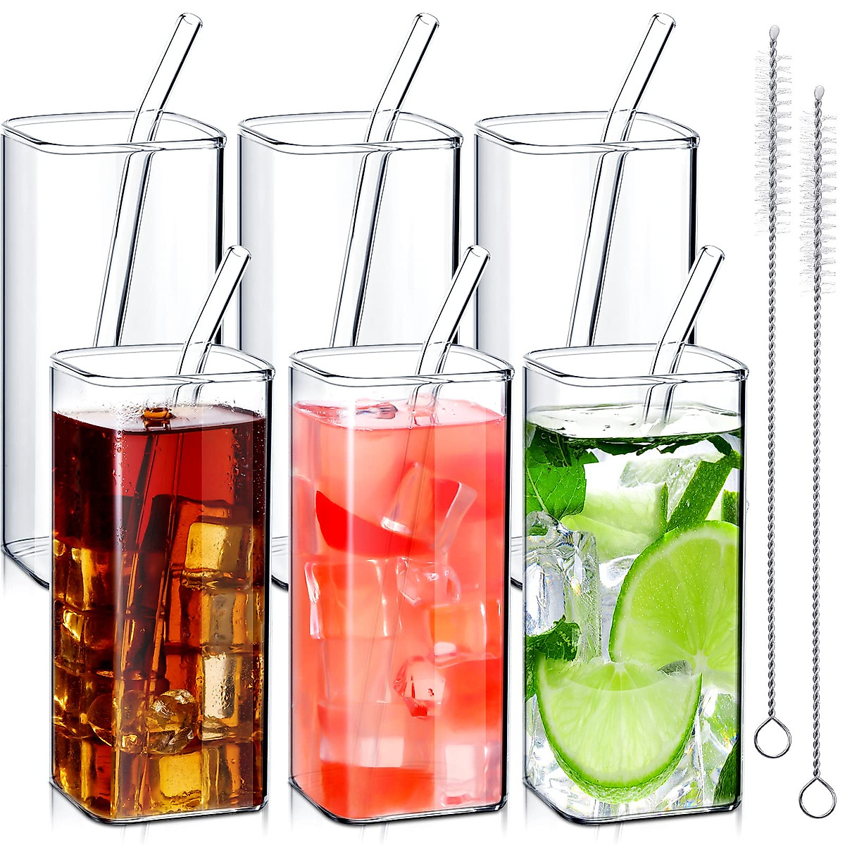 Inbagi 6 Pcs 13.5 oz Square Drinking Glasses Thin Square Glass Cups Clear Kitchen Glassware Elegant Bar Glasses Highball Glasses Tumbler for Water, Wine, Juice, Beer, Cocktail, Coffee and Mixed Drinks