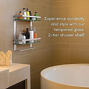 Vdomus Glass Bathroom Wall Organizer Shelf, 2-Tier Glass Shelf with Integrated Towel Bar Wall Mounted Shower Storage 15.2 by 5 inches, Brushed Silver Finish (2 Tier Glass Shelf)