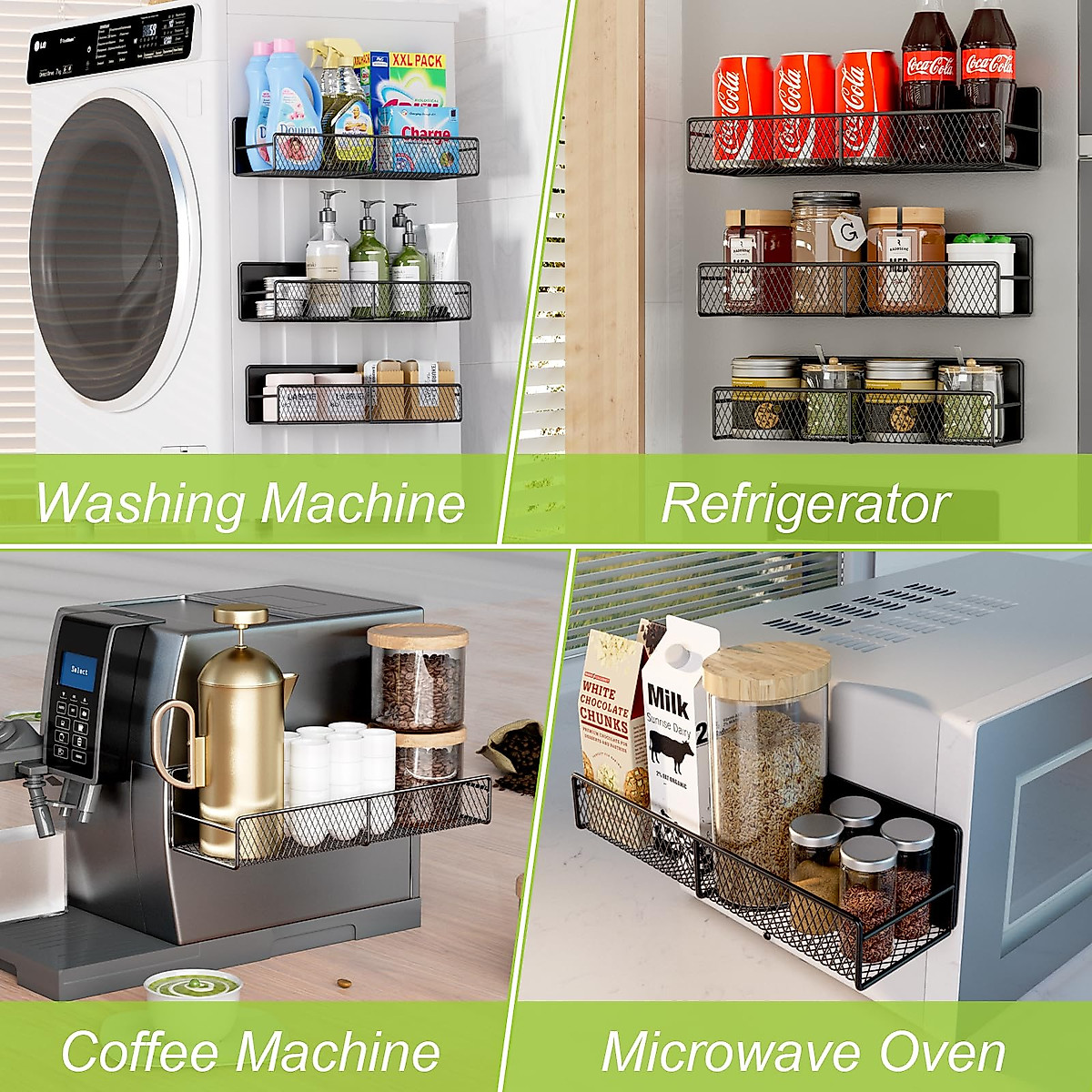 4 Pack Magnetic Shelves for Washing Machine, Magnetic Spice Rack Organizer for Refrigerator, Washing Machine Shelf, Magnetic Laundry Organization and Storage, Laundry Baskets with Hook Shelf, Black