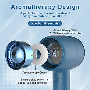 Elingmor Handheld Fan with Aromatherapy,Small Cooling USB Rechargeable Personal Turbo Fan,Quiet Mini Portable Hand Fan,3 Speeds Battery Operated Fan and Desk Base for Travel,Outdoors,Home,Office（Blue）