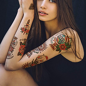 CARGEN Classic Temporary Tattoos - Traditional Old School Vintage Stickers Sailor Jerry Flower Rose Ladyface Swallow Butterfly Sword Eye Globe Crown Anchor Temporary Tattoo Fake Tattoo Great for Arm