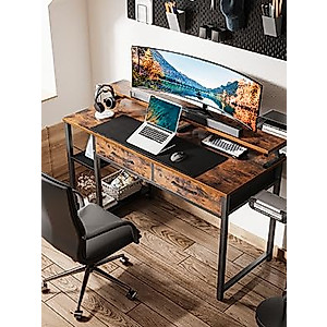 ODK Computer Desk with Drawers, 48 Inch Office Desk with Storage Bag & Shelves, Work Writing Desk with Monitor Stand Shelf, Rustic Brown Home Office Desks for Small Spaces