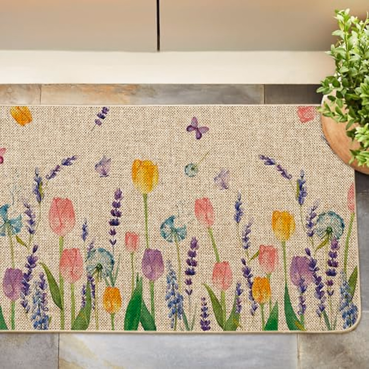 Artoid Mode Tulip Lavender Spring Decorative Doormat, Seasonal Flower Summer Holiday Low-Profile Rug Switch Mat for Indoor Outdoor 17x29 Inch