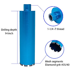 HBKEEN 3 Inch Wet Diamond Core Drill Bits, 14" Drilling Depth Core Drill Bit, 1-1/4"-7 Thread Core Drill Bit for Concrete, Reinforced Concrete, Brick, Block, Core Bit with Laser-Welded Mesh Segments