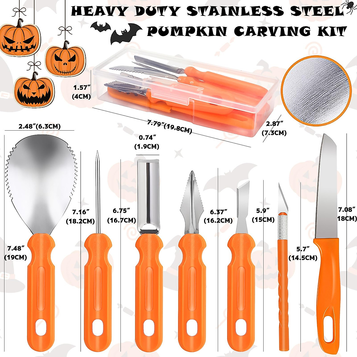 Pumpkin Carving Kit, 14 PCS Stainless Steel Pumpkin Carving Tools with Halloween Stickers and Candles, Halloween Decorations Gifts for Family DIY, Pumpkin Decorating Kit with Box for Kids and Adults