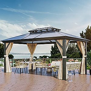 YITAHOME 12x16 FT Gazebo Hard-Top Double Roof Canopy Outdoor with Netting and Shaded Curtains, Aluminum Frame Polycarbonate Hardtop Garden Tent for Patio, Backyard, Deck and Lawns, Brown