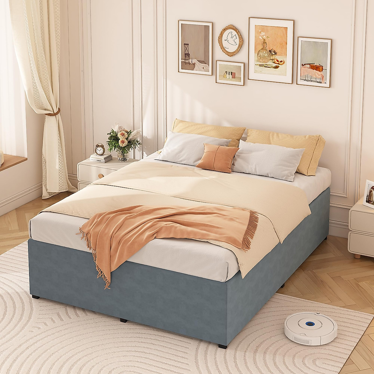 FMDMR 18 Inch Queen Bed Frame, The Metal Platform Bed Frame Queen Size with Fabric Cover Set, Heavy Duty Steel Slats Support, No Box Spring Needed, Under Bed Storage Space, Easy Assembly