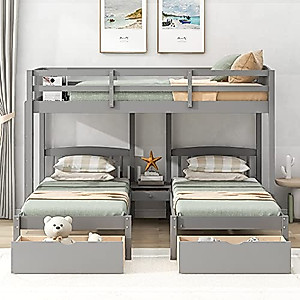 DEYOBED Twin Over Twin & Twin Wooden Triple Bed Bunk Bed with Integrated Middle Drawer Storage - Stylish and Functional Sleep Arrangement for Kids, Teens, Adults