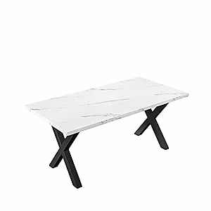 70.87" Faux Marble Dining Table, Modern Rectangular Dining Table with Printed Marble Table Top and X-Shape Stainless Steel Table Leg/Metal Base for Kitchen & Dining Room（White Top+ Black Legs）