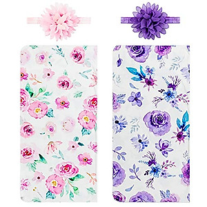 R HORSE Newborn Baby Swaddle Blankets Headband Sets Including 2 Pack of Swaddle Blanket & Headband Floral Pattern Receiving Blankets for Baby Shower Newborn Gift (0-3 Months)